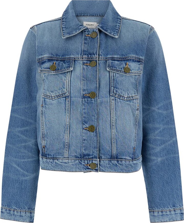 Frame Light Blue Crop Jacket With Branded Button In Cotton Denim Woman ...