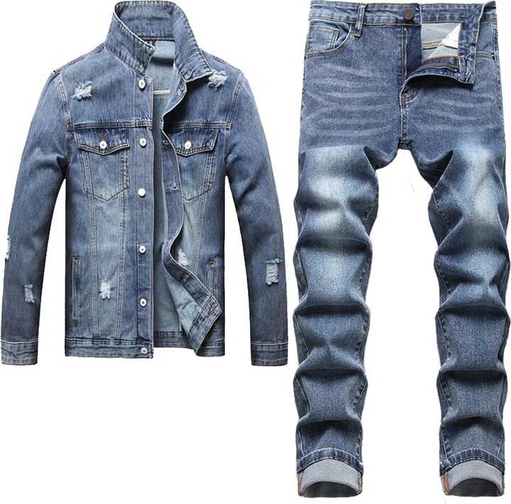 Mokkpeq Ripped Slim Fit Mens Denim Two Piece Set Hole Long Sleeve ...
