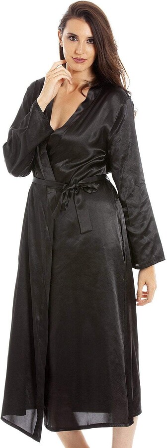 Camille Womens Long Length Black Satin Wrap Lightweight Dressing Gown ...