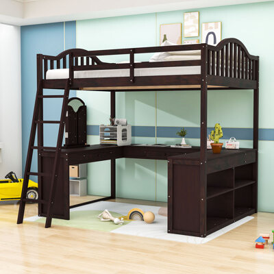 Harriet Bee Kayn Full Wooden Loft Bed With Desk, Tri-Fold Mirror And ...