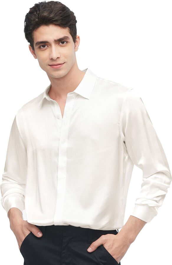 LilySilk Mens Silk Shirt 100% Mulberry Silk Classic Long Sleeves Basic ...