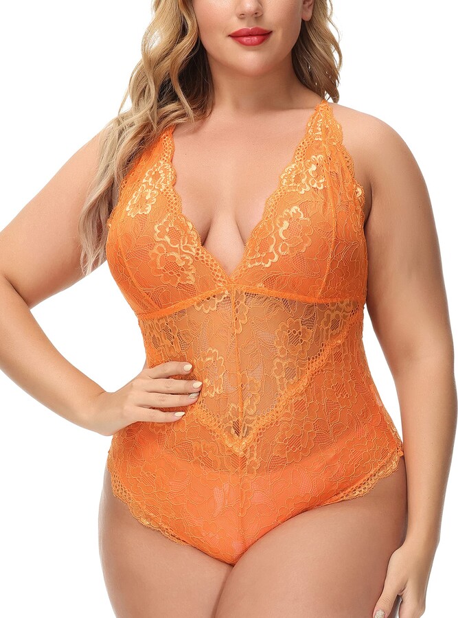 Aranmei Women Plus Size Sexy Lace Bodysuit Deep V Teddy One Piece Lace
