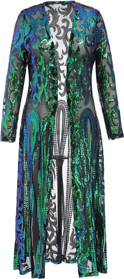 FYMNSI Women Sparkling Sequin Cardigan Duster Long Jacket 1920s Flapper ...