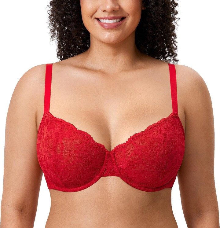 Delimira Women's Balcony Bra Plus Size No Padding Sexy Lace Underwired Bras Lipstick Red 38E ...