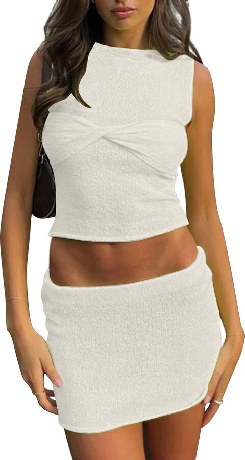 Dsewpaur Women Two Piece Set Twist Ruched Knit Sheer Crop Top Mini ...