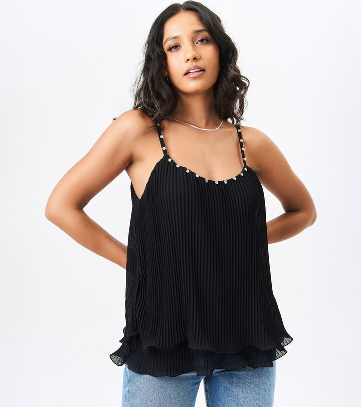 Women's Black Diamante Trim Pleated Top Gini London - ShopStyle