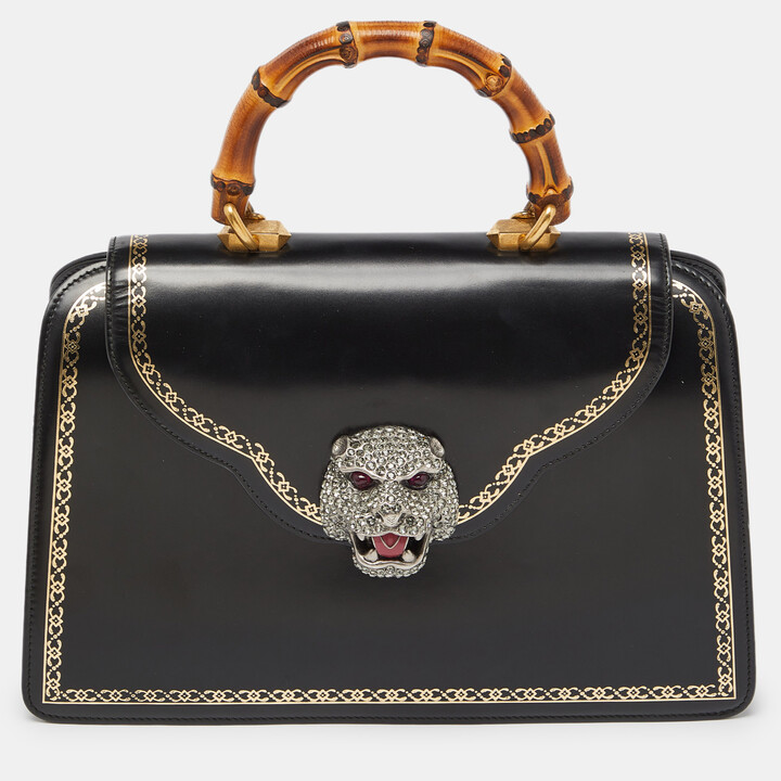 Gucci Black Leather Medium Thiara Lisse Cornice Crystal Bamboo Top ...