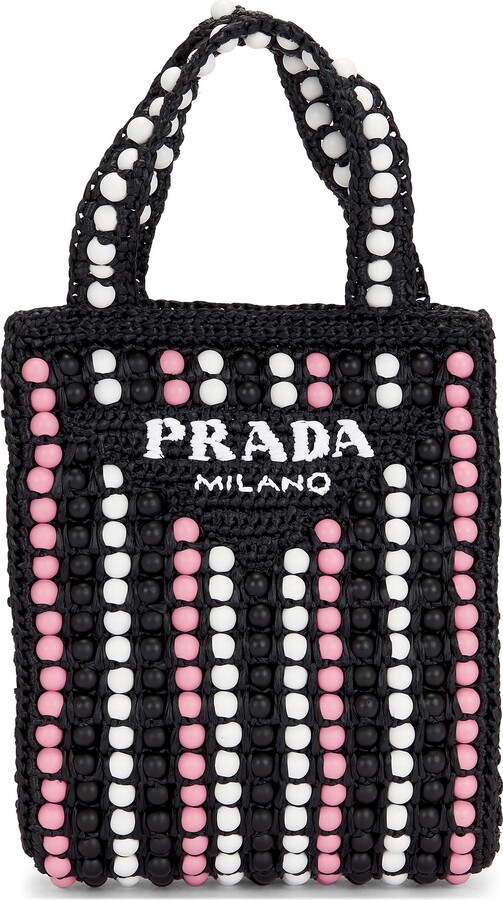 Prada Wood Beaded Raffia Tote Bag in Black - ShopStyle
