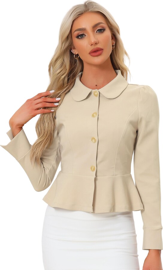 Allegra K Elegant Peplum Blazer for Women's Peter Pan Collar Ruffles Office Work Blazers Beige ...