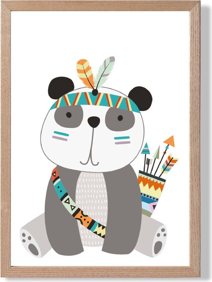 ARTZE Panda Tribal Animal Poster with Oak Hanger - Grey - W33cm x H47cm ...