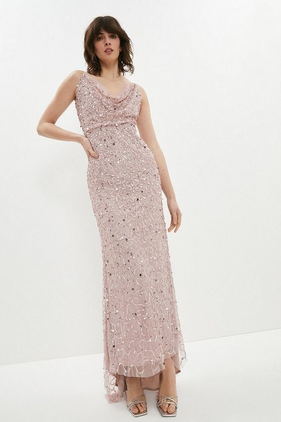 Cowl Neck Puddle Hem All Over Sequin Dress - ShopStyle