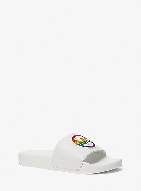 Michael Kors PRIDE Jake Rainbow Embellished Logo Leather Slide Sandal ...