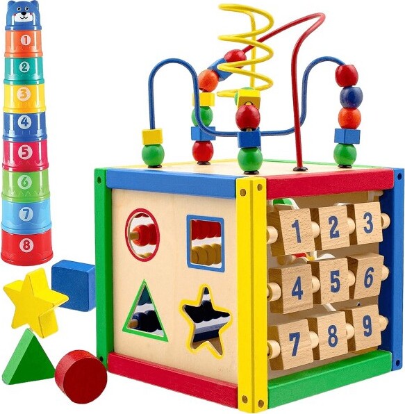 Wooden Activity Cube with Bead Maze, Shape Sorter, Abacus Counting ...