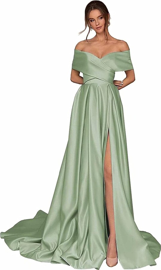 DELEND Women Sexy Off Shoulder Prom Dress Long Satin Party Dress Empire Waist High Slit Formal ...