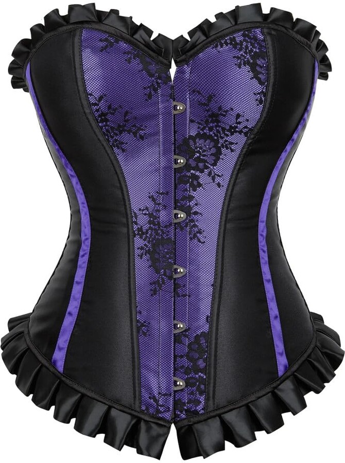 GSAEIMCT Women Sexy Lace Flowers Overbust Corset - Purple Satin ...