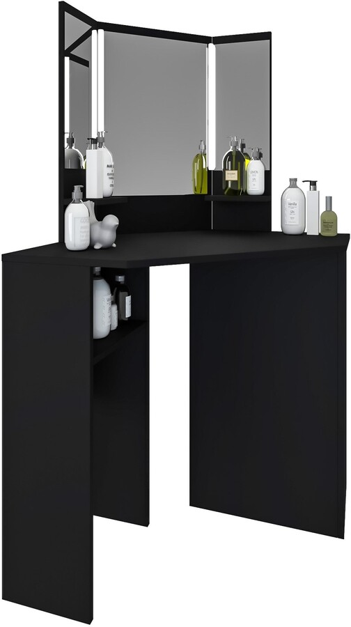 Roomsmart Black Pearl Corner Storage Makeup Vanity with LED Lights ...