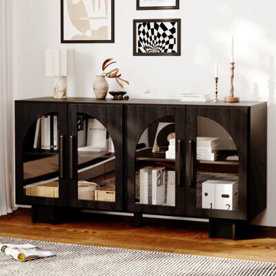 Ebern Designs Modern Accent Cabinet With Arched Glass Doors, 63" Large Sideboard Buffet Cabinet ...