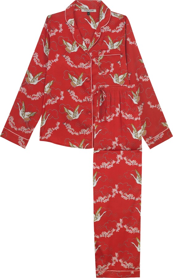 Their Nibs Womens Satin Traditional Pyjamas Red Crane Blossom ...
