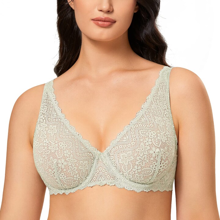 DOBREVA Women's Plunge Lace Bra Plus Size Sexy See Through Underwired Non Padded Bralette Mint ...