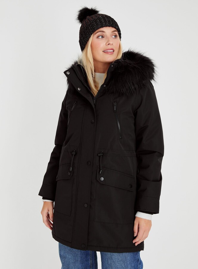 Tu Black Faux Fur Hood Parka Coat - ShopStyle