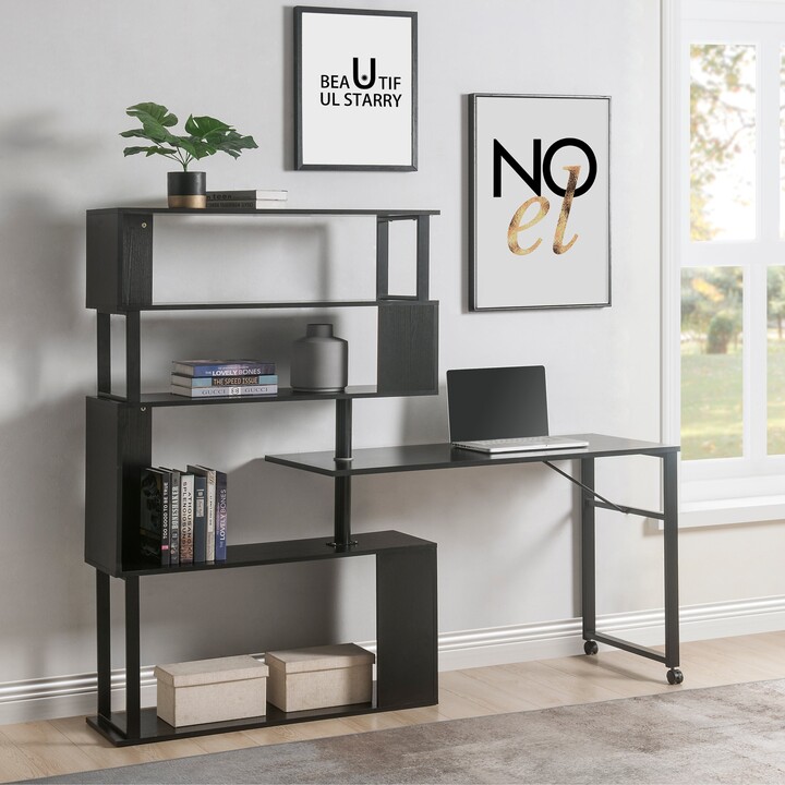 NINEDIN Lndustrial Metal Computer Desk with 5-tier Bookshelf Home ...
