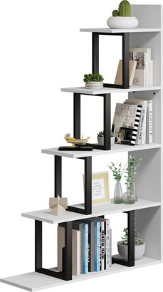 wedealfu Hayes 5 Tiers Wood Bookshelf Freestanding L-Shape Bookcase ...