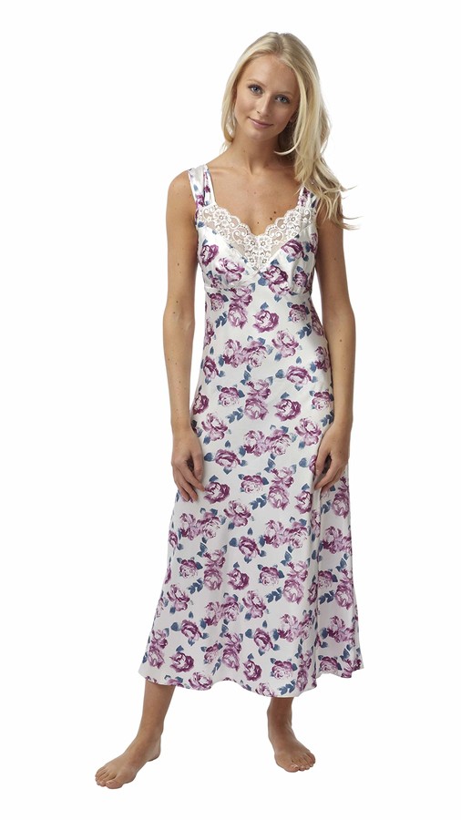 Indigo Sky Ladies Long Lustrous Floral Charmeuse Nightdress/Night Gown ...