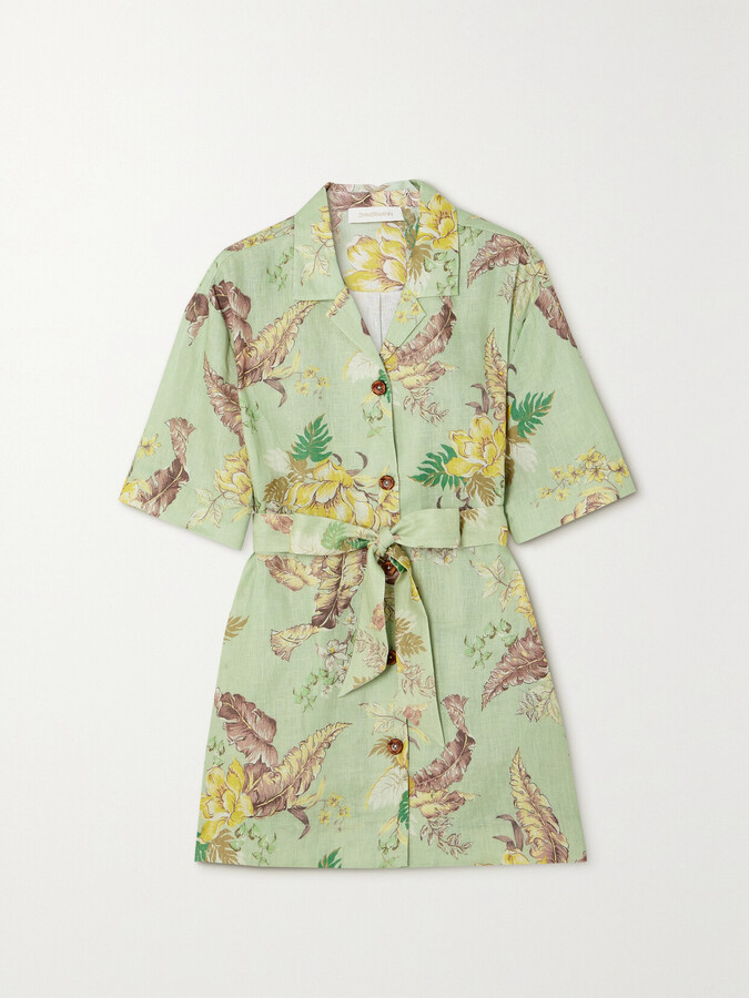 Zimmermann Matchmaker Belted Floral-print Linen Shirt - Green ...