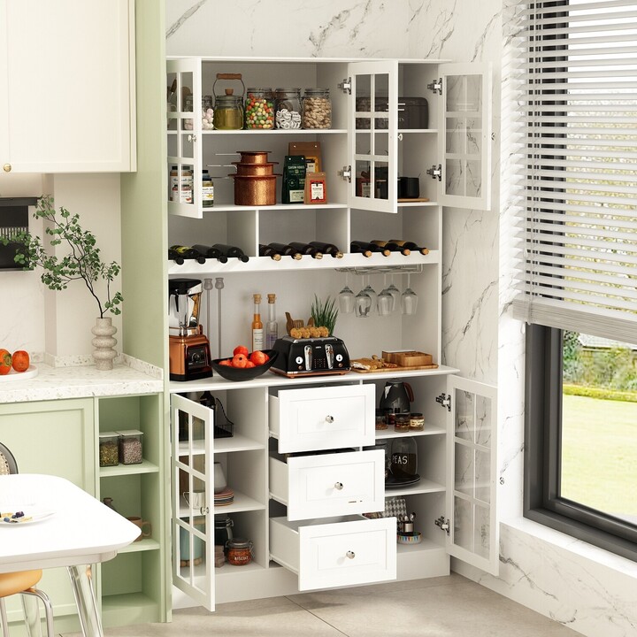 FAMAPY 78.9''Pantry Buffet White Buffet with Wine Glass Rack Drawer and ...