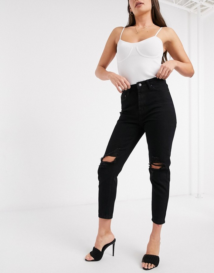 In The Style x Jac Jossa mom jeans with ripped knee in washed black ...