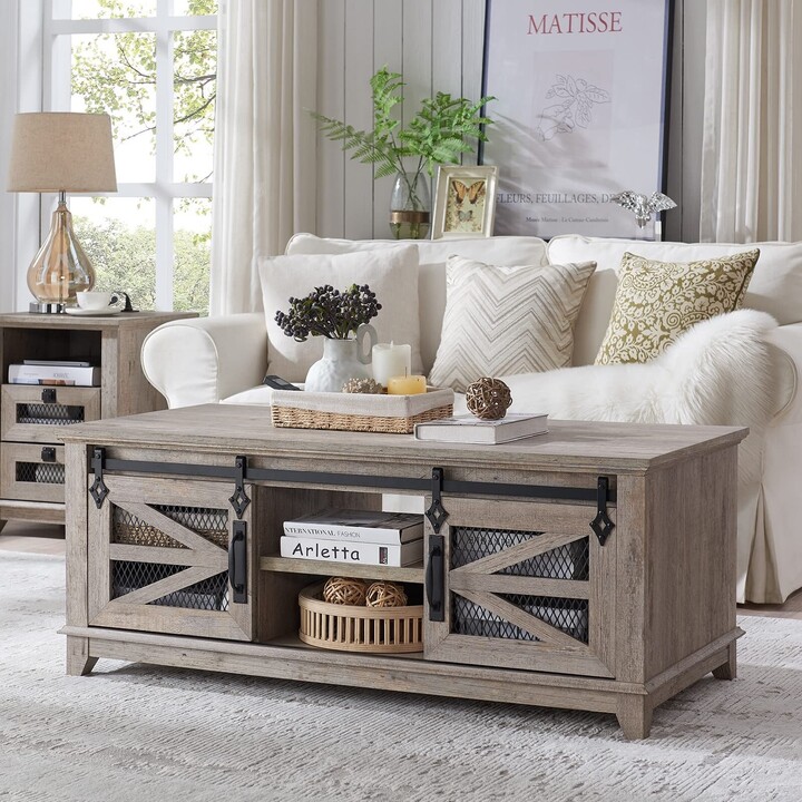 EPOWP 48'' Coffee Table with Storage & Sliding Barn Doors, Farmhouse ...