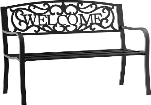 Outsunny 50" Outdoor Metal Welcome Bench, Powder Coated Cast Iron Sign ...