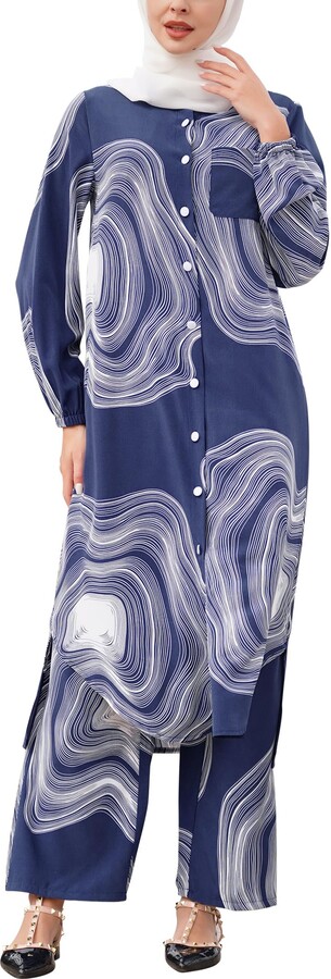 FYMNSI Muslim Suits For Women Long Sleeve Button Down Shirt Dress Wide ...