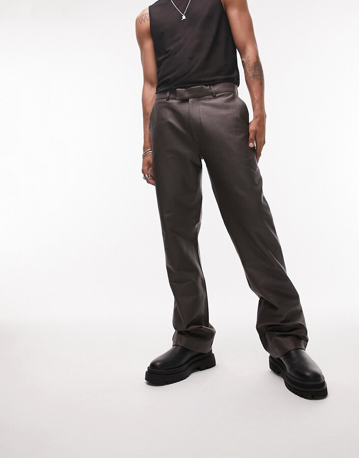 Topman straight flare faux leather pants in brown - ShopStyle