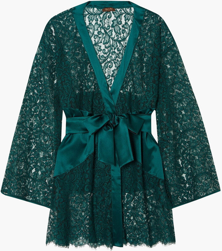 Coco de Mer London Titania belted satin-paneled stretch-lace robe ...