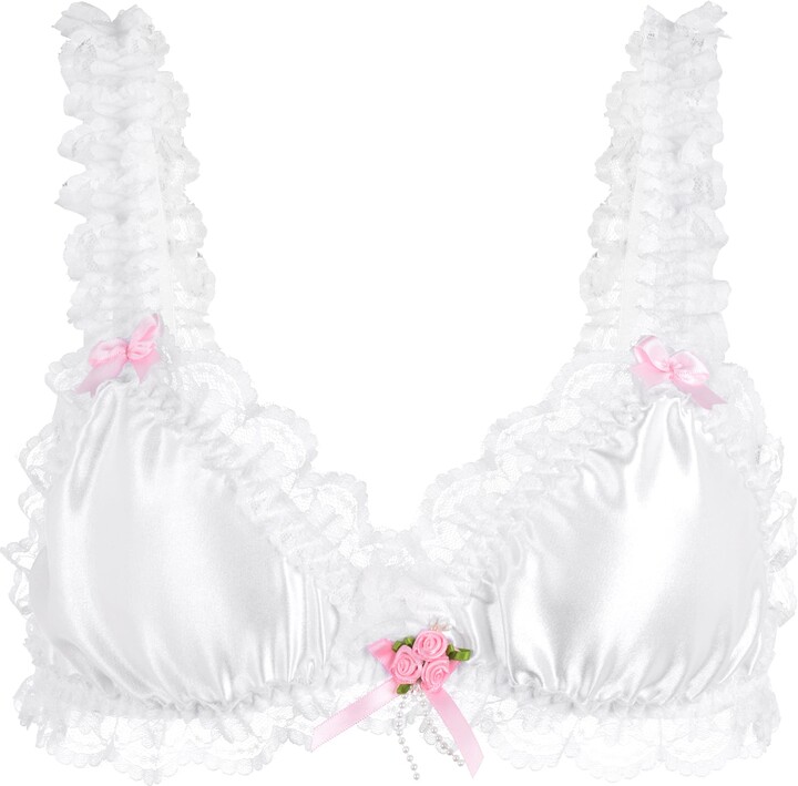 Satini Sissy Frilly Lace Fitted Satin Bralette Bra (White - ShopStyle