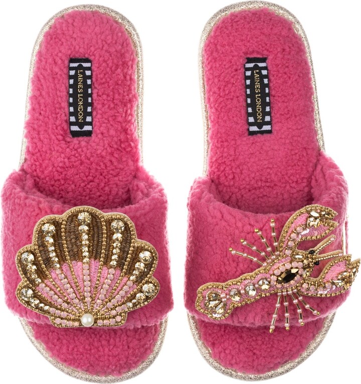 Laines London Women's Pink / Purple Teddy Towelling Slipper Sliders ...