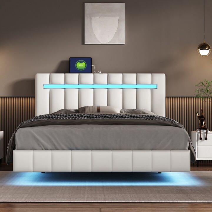 NINEDIN White Floating Bed Frame w/ LED Lights PU Headboard,USB ...