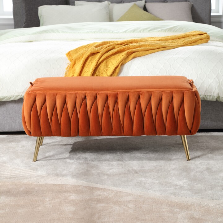 NINEDIN Orange Velvet Storage Ottoman Bench Entryway Bench Shoe Settees ...