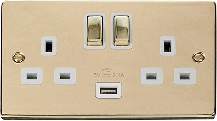 SE Home Polished Brass 2 Gang 13A DP Ingot 1 USB Twin Double Switched ...