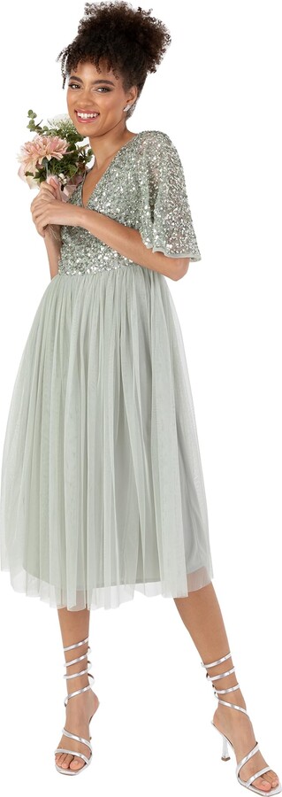 Maya Deluxe Ladies Midi Dresses for Women Embellished V Neck Flutter 3/ ...