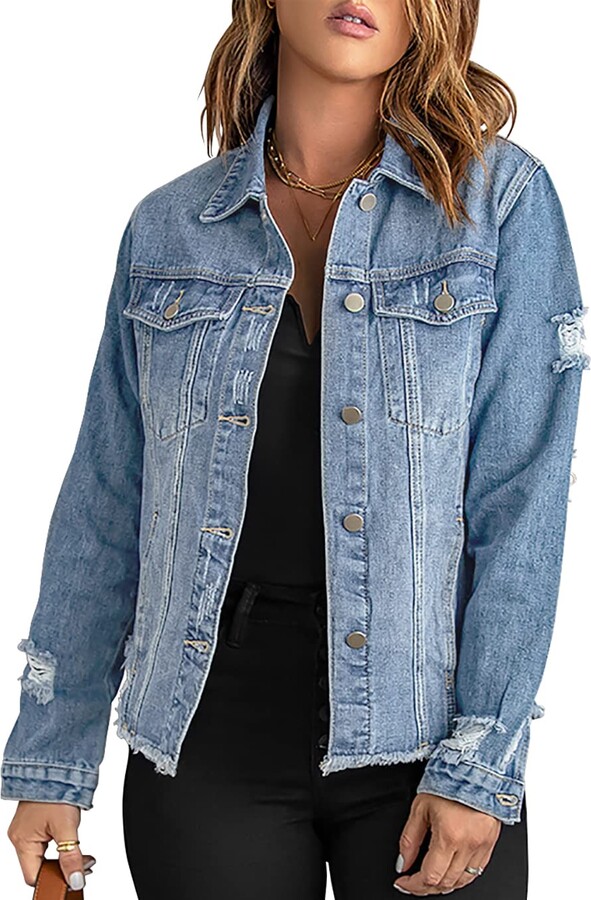Necooer Long Sleeve Denim Jacket Cropped Denim Jacket With Fringes For ...