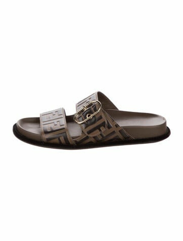 Fendi Zucca FF Logo Leather Slides Brown - ShopStyle