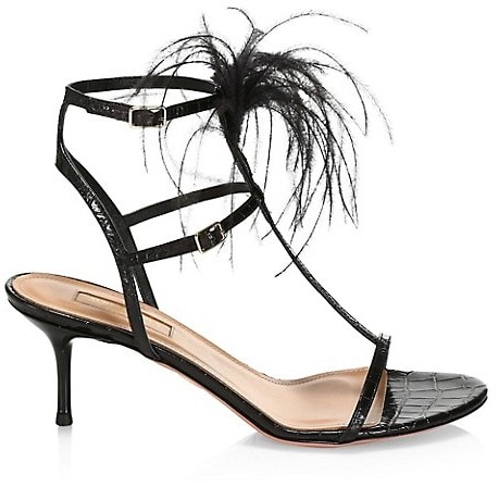 Aquazzura Ponza Feather-Trimmed Croc-Embossed Leather Sandals - ShopStyle