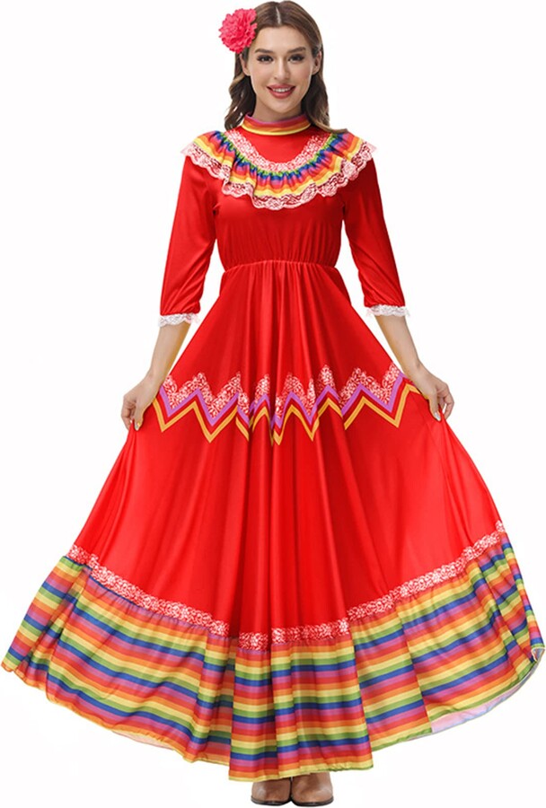 Faltern Mexican Cinco De Mayo Dress Women Mexican Fiesta Costume Dress ...
