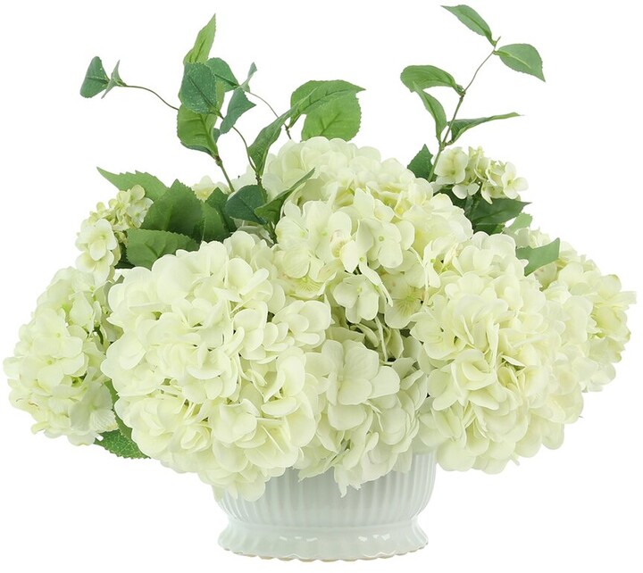 Creative Displays White Hydrangeas With Vines In A White Round Ribbed ...