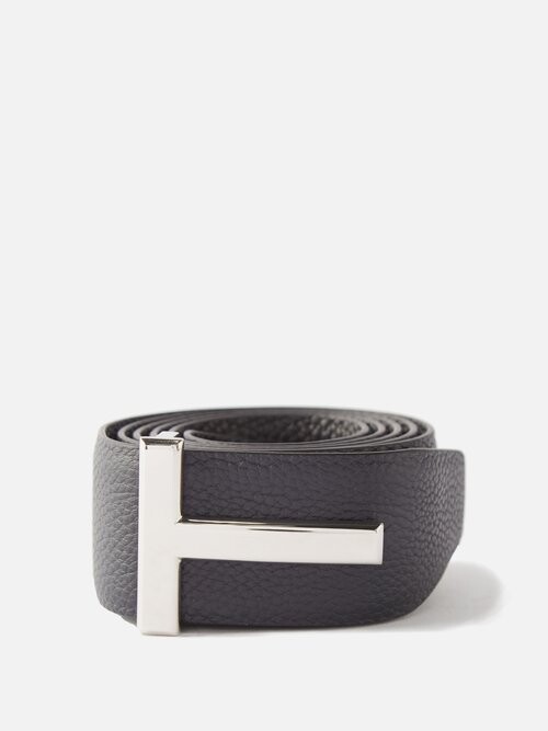 Tom Ford T-logo Reversible Grained-leather Belt - Navy Black - ShopStyle