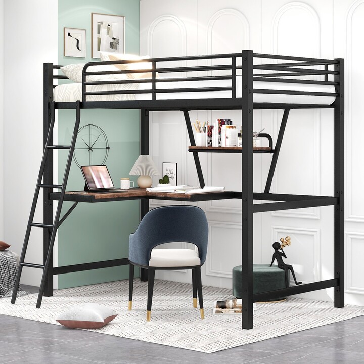 EYIW Twin Size Loft Metal MDF Bed with Desk and Shelf, Integrated ...