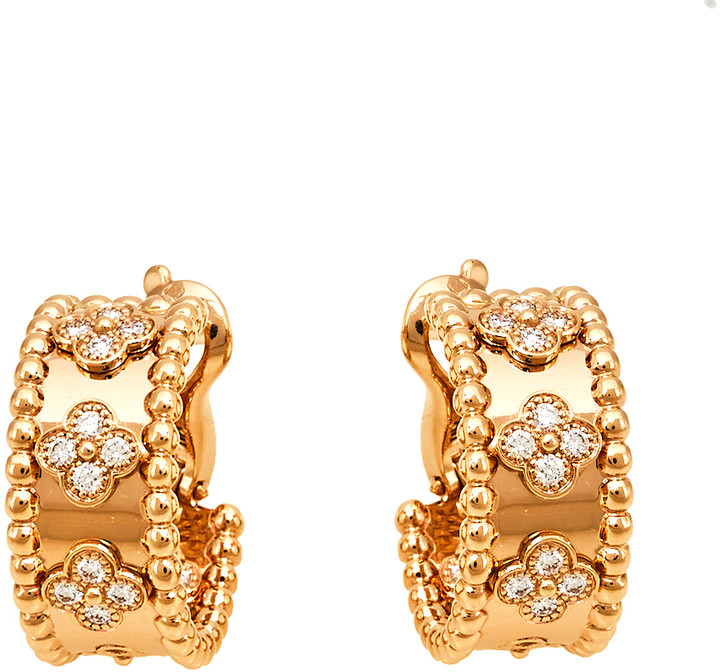 Van Cleef & Arpels Perlée Clover Diamond 18K Rose Gold Hoop Earrings ...