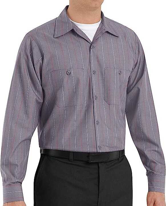 Red Kap Men's Industrial 7 Button Work Shirt (Charcoal/Red/White Stripe ...
